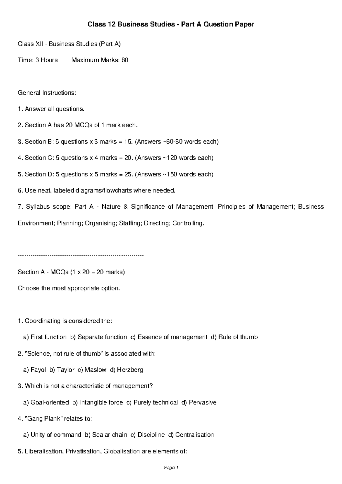 Class 12 BST Part A Question Paper: MCQs & Long Answers - Studocu