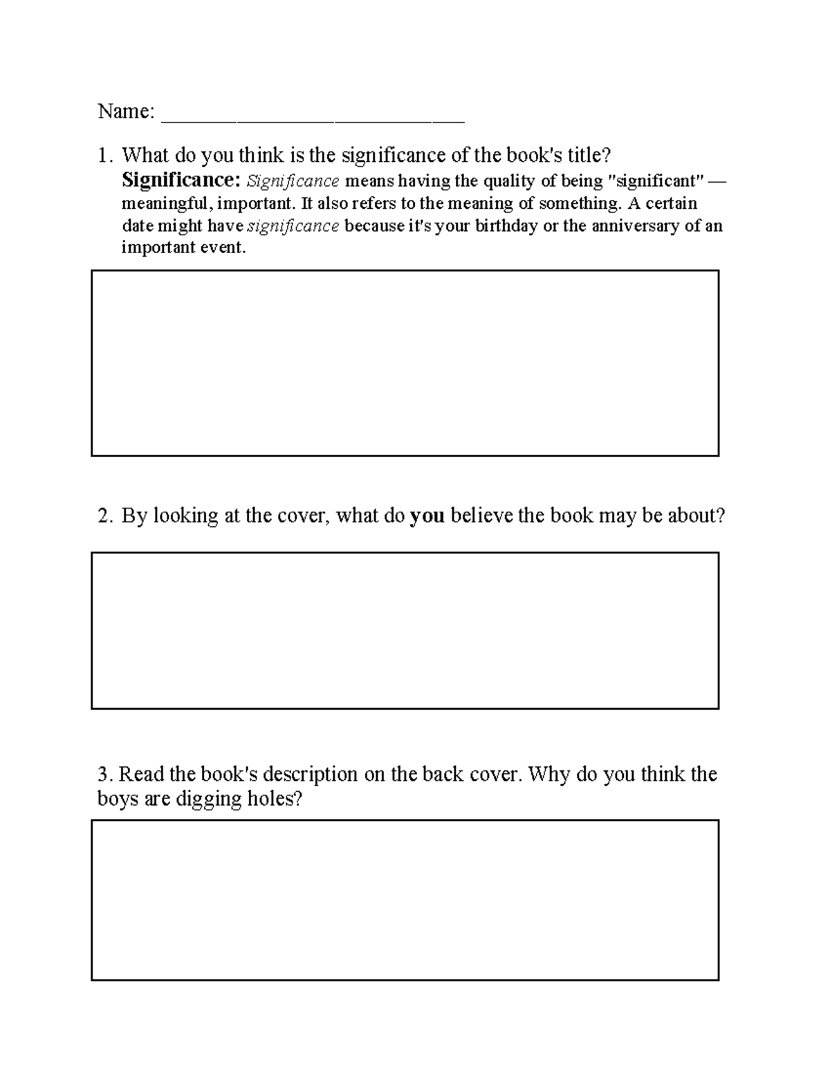 Holes Pre Reading Questions-1 - Name: ____________________________ 1 ...