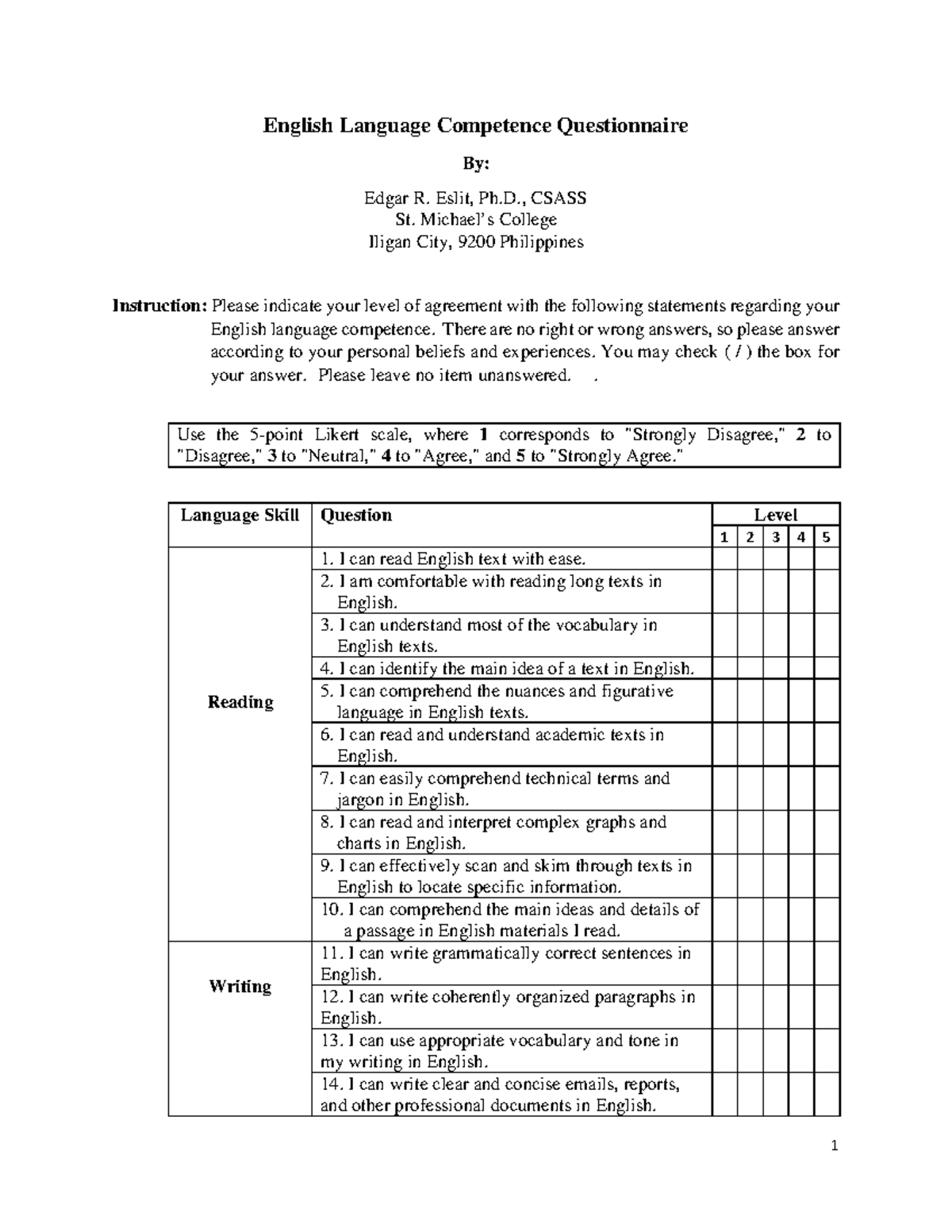 Language Competence Questionnaire 2023: Edgar R. Eslit, Ph.D. - Studocu