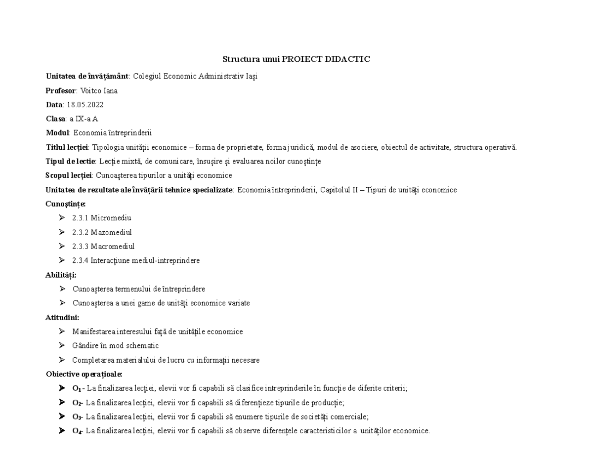 Plan de lecție - Structura unui PROIECT DIDACTIC Unitatea de învăţământ : Colegiul Economic ...