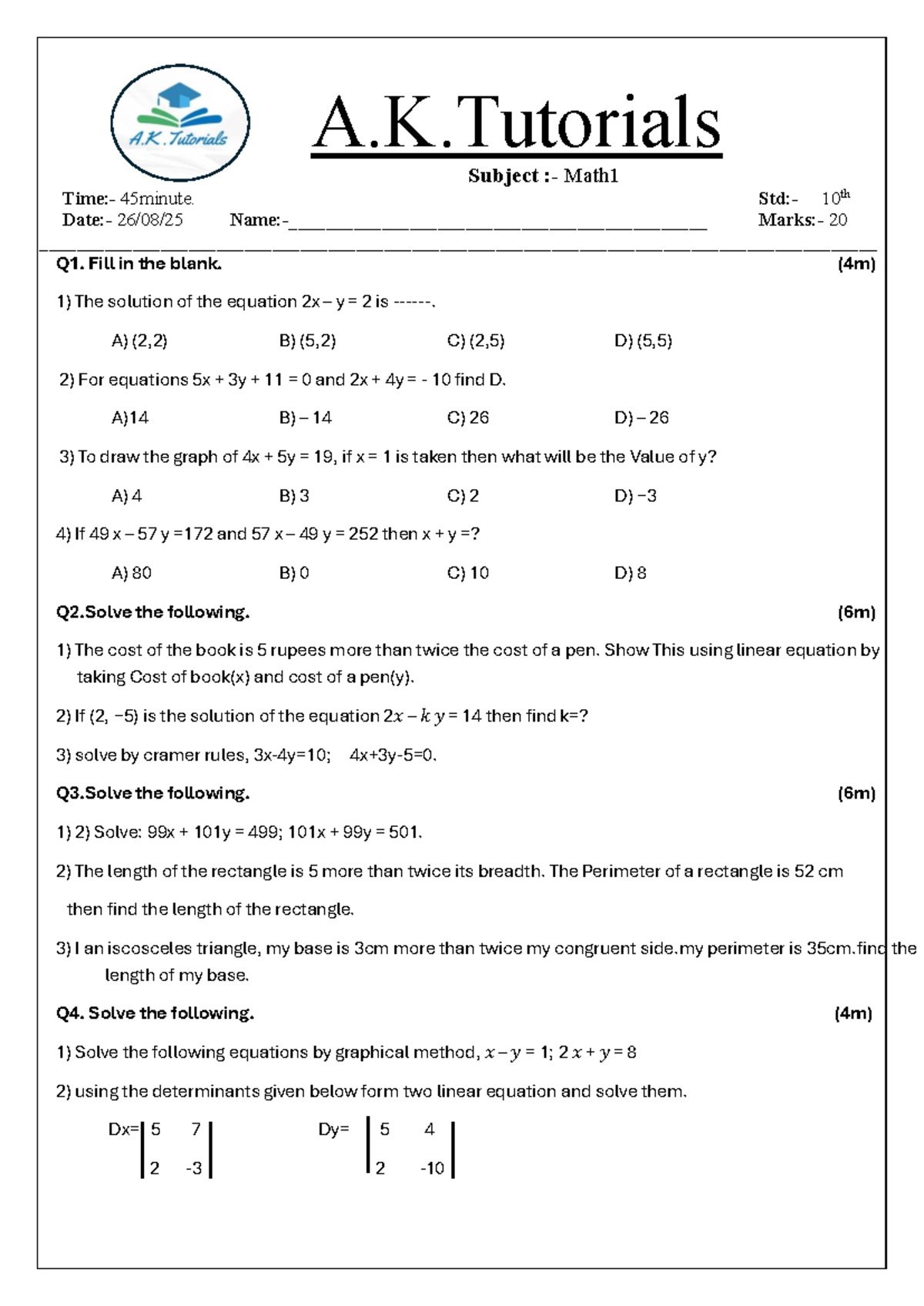 A.K.Tutorials Math1 45min Quiz for 10th Grade Students - Studocu