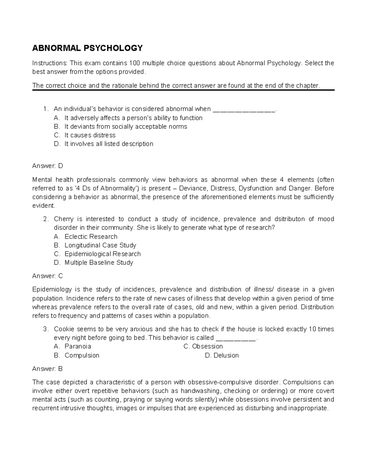 Final Q1 Abnormal Psychology edited - ABNORMAL PSYCHOLOGY Instructions ...