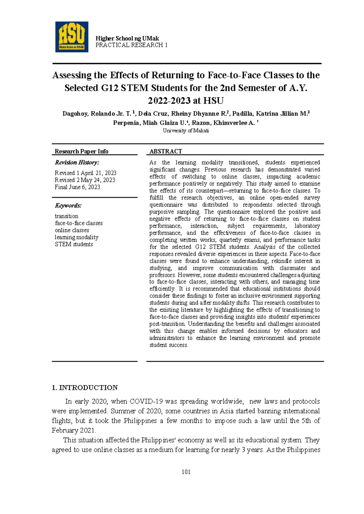 Assessing the Effects of Returning to Face-to-face classes to the ...