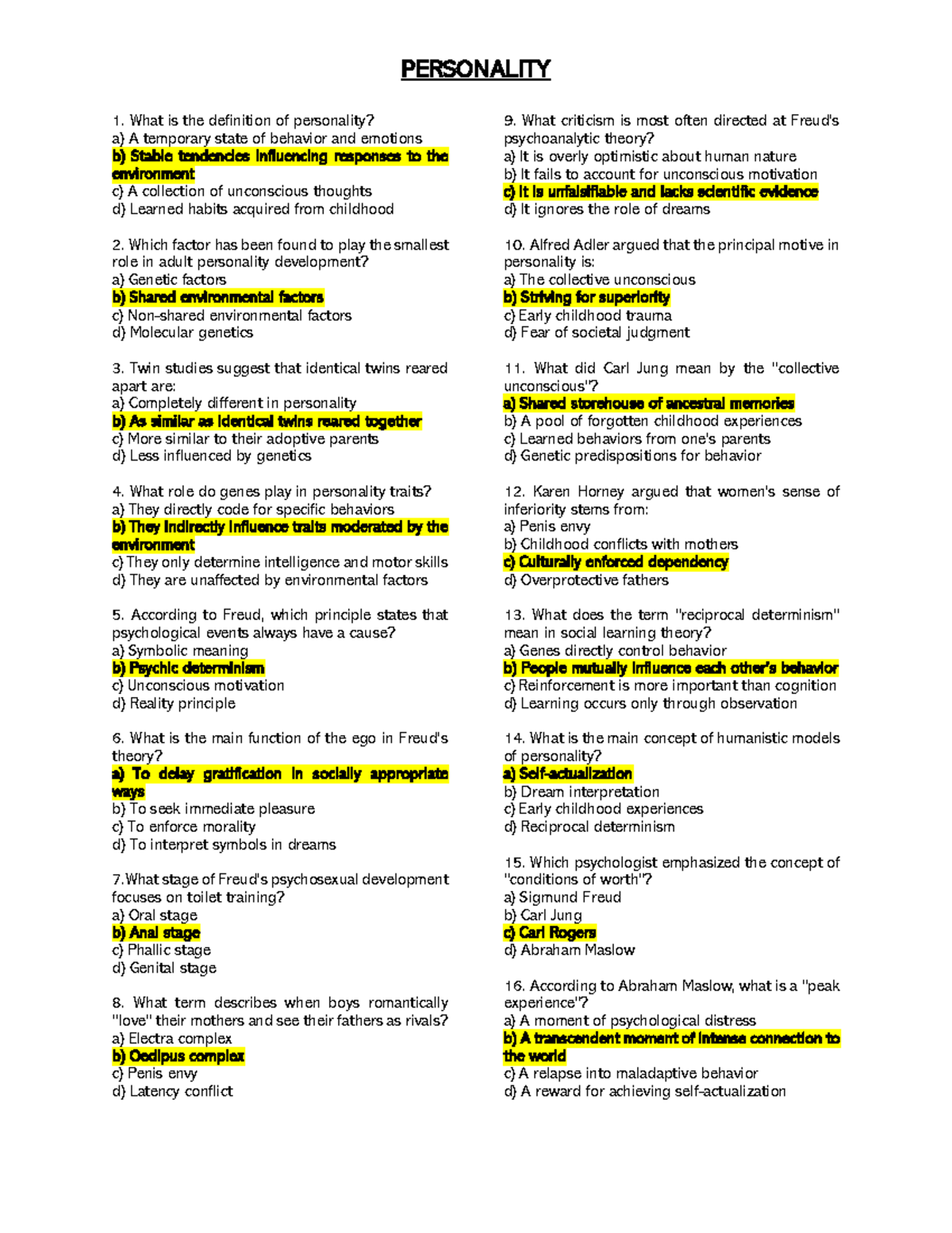 PSYC 101 MCQ Review - Personality and Psychological Disorders Final ...