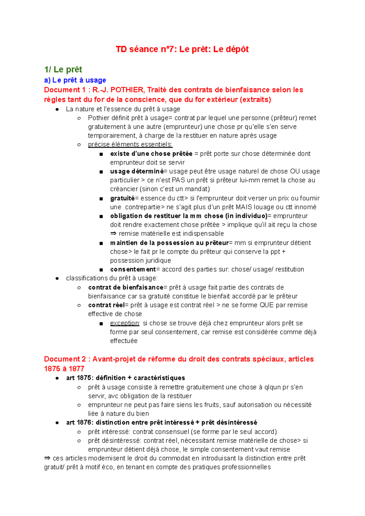 TD Séance n°7 : Prêt et Dépôt - Analyse des Contrats et Jurisprudence ...