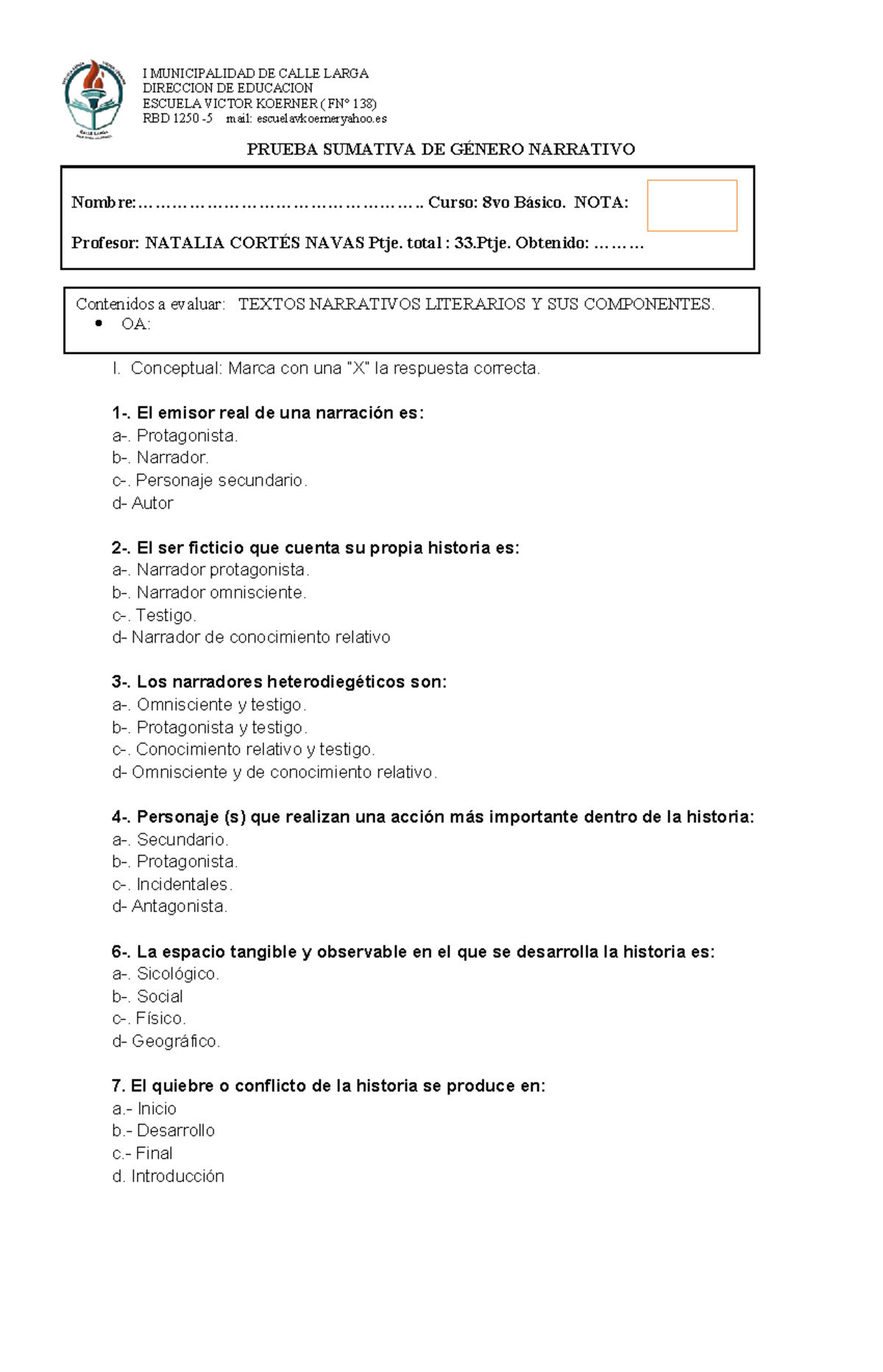 Prueba Sumativa de Género Narrativo - 8vo Básico (138) - Studocu