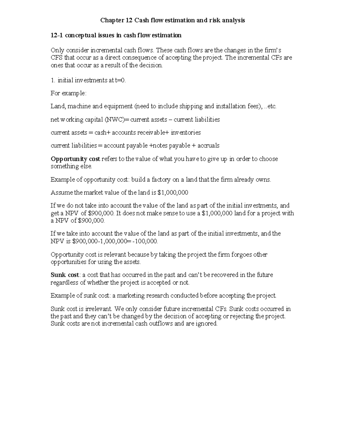Chapter 12: Cash Flow Estimation & Risk Analysis (FIN-301) - Studocu