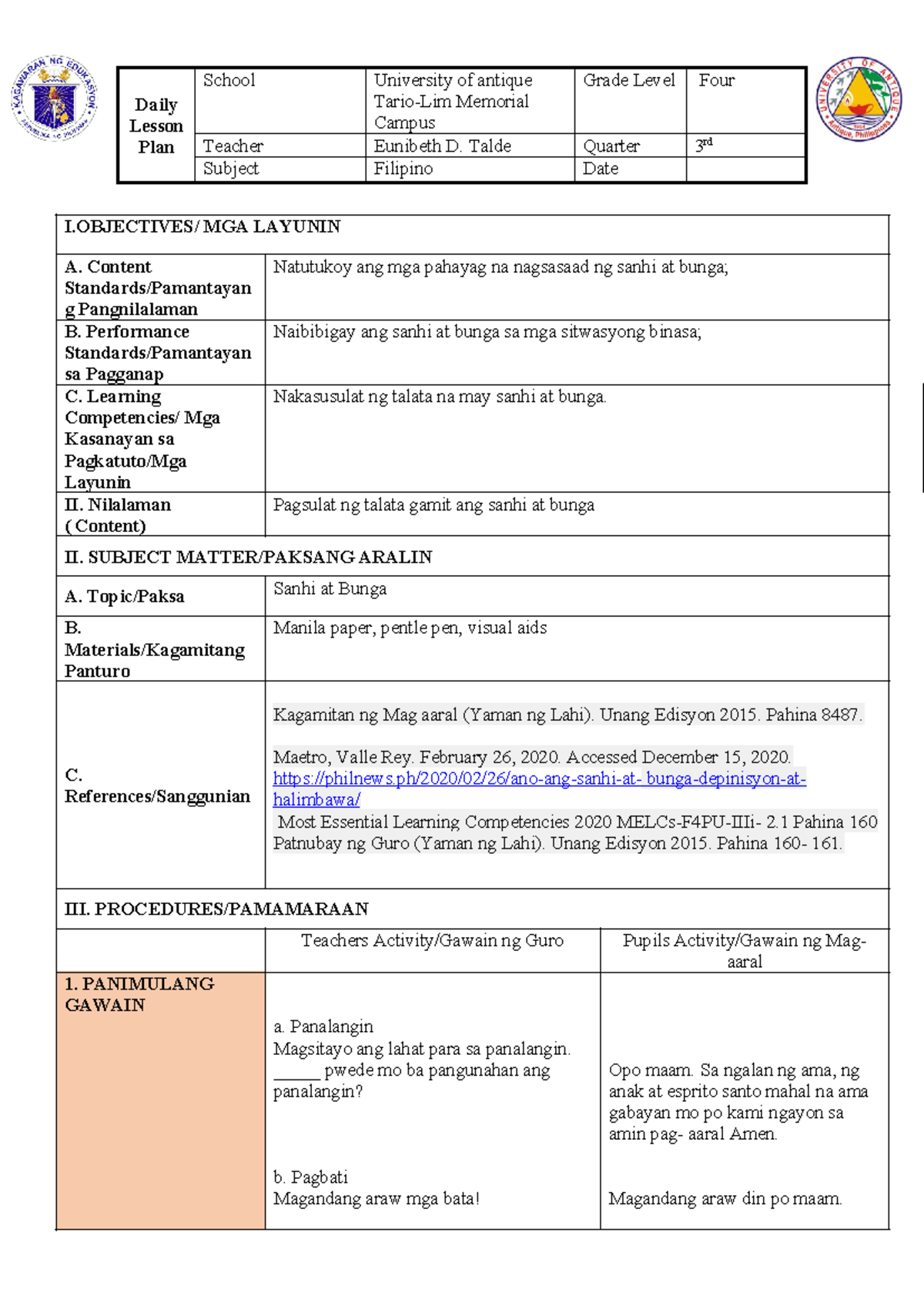 Lesson Plan: Sanhi at Bunga for Grade 4 - 103314 - Studocu