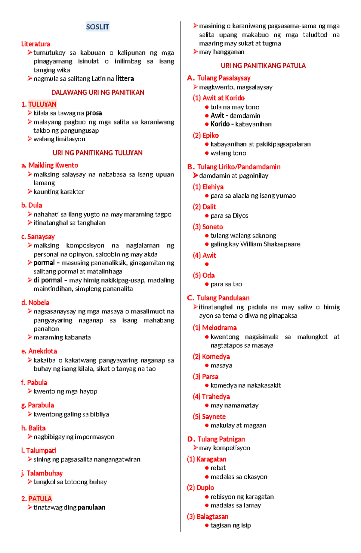 SOSLIT Prelim: Dalawang Uri ng Panitikan at Kanilang Katangian - Studocu