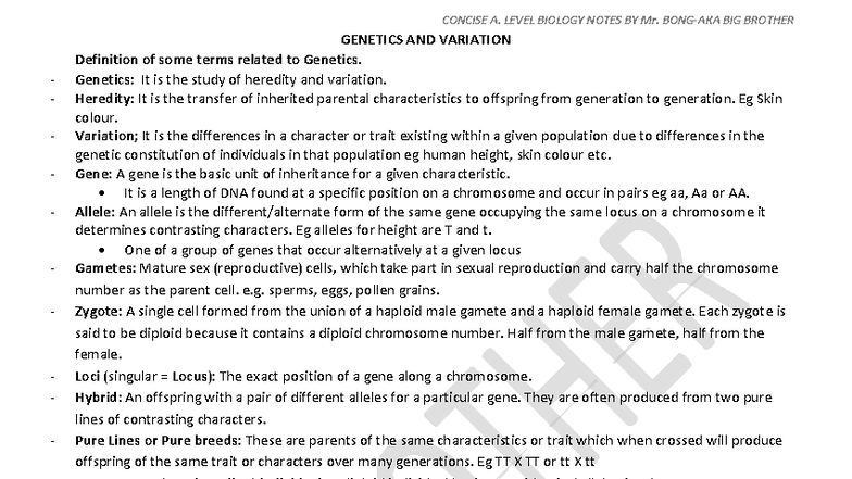 Genetics and Variation: A. Level Biology Notes (OK-1) - Studocu
