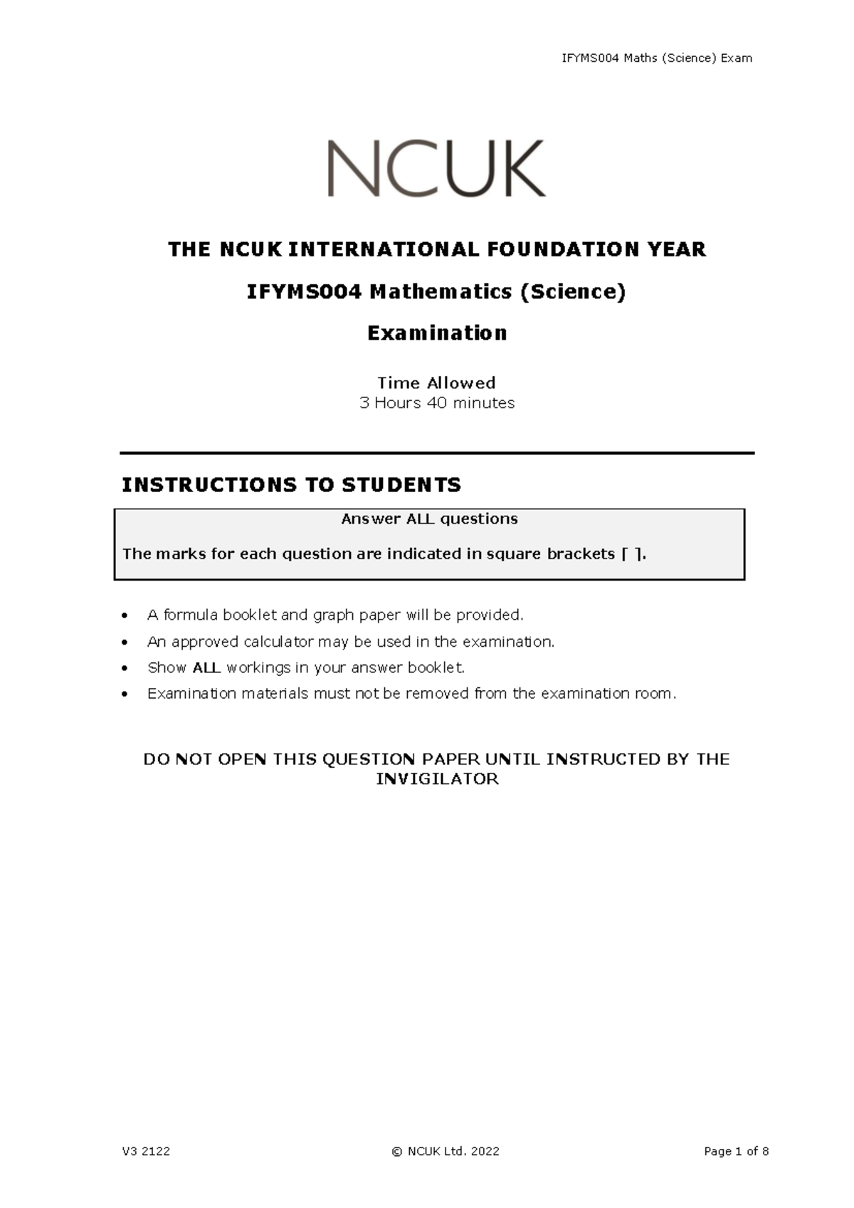 IFY Maths Science Exam 2122 V3 - THE NCUK INTERNATIONAL FOUNDATION YEAR ...