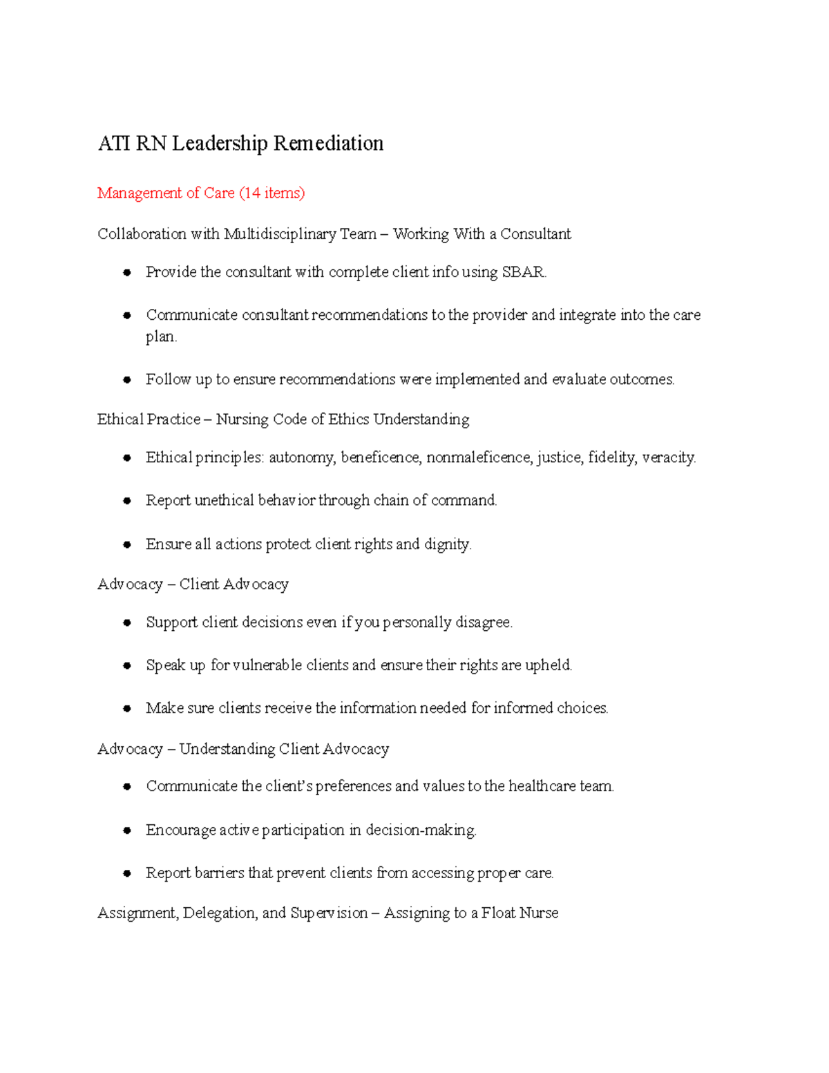 ATI RN Leadership Remediation: Management of Care & Ethical Practice - Studocu