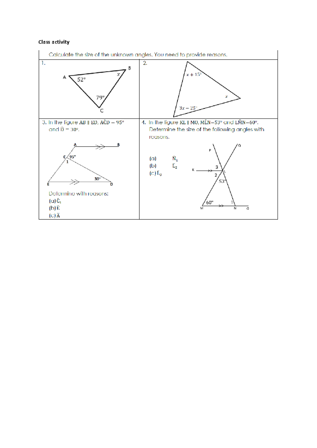 Class Activity - Angle Size Calculation with Justifications - Studocu