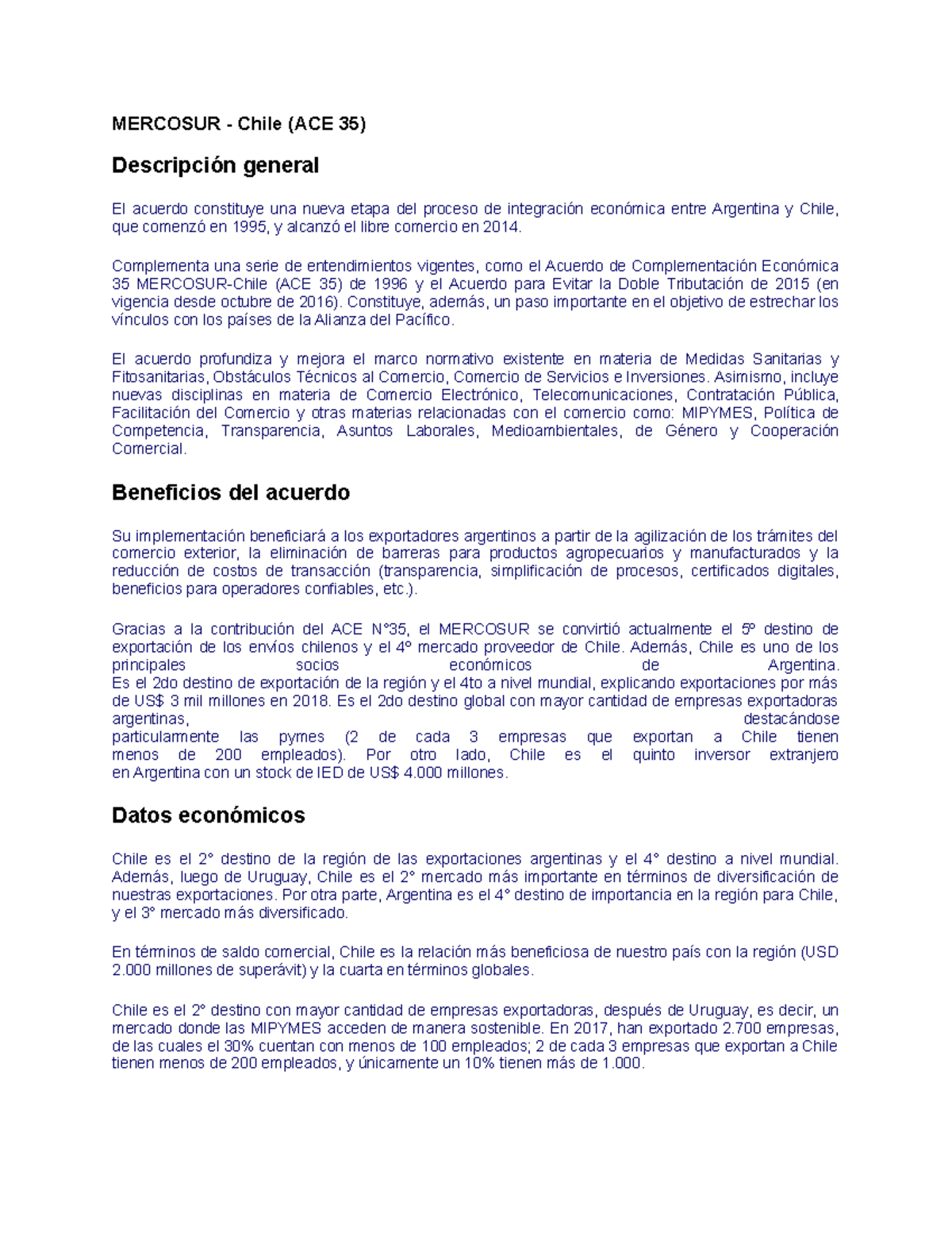 MERCOSUR-Chile (ACE 35): Análisis del Acuerdo Comercial y sus Beneficios - Studocu