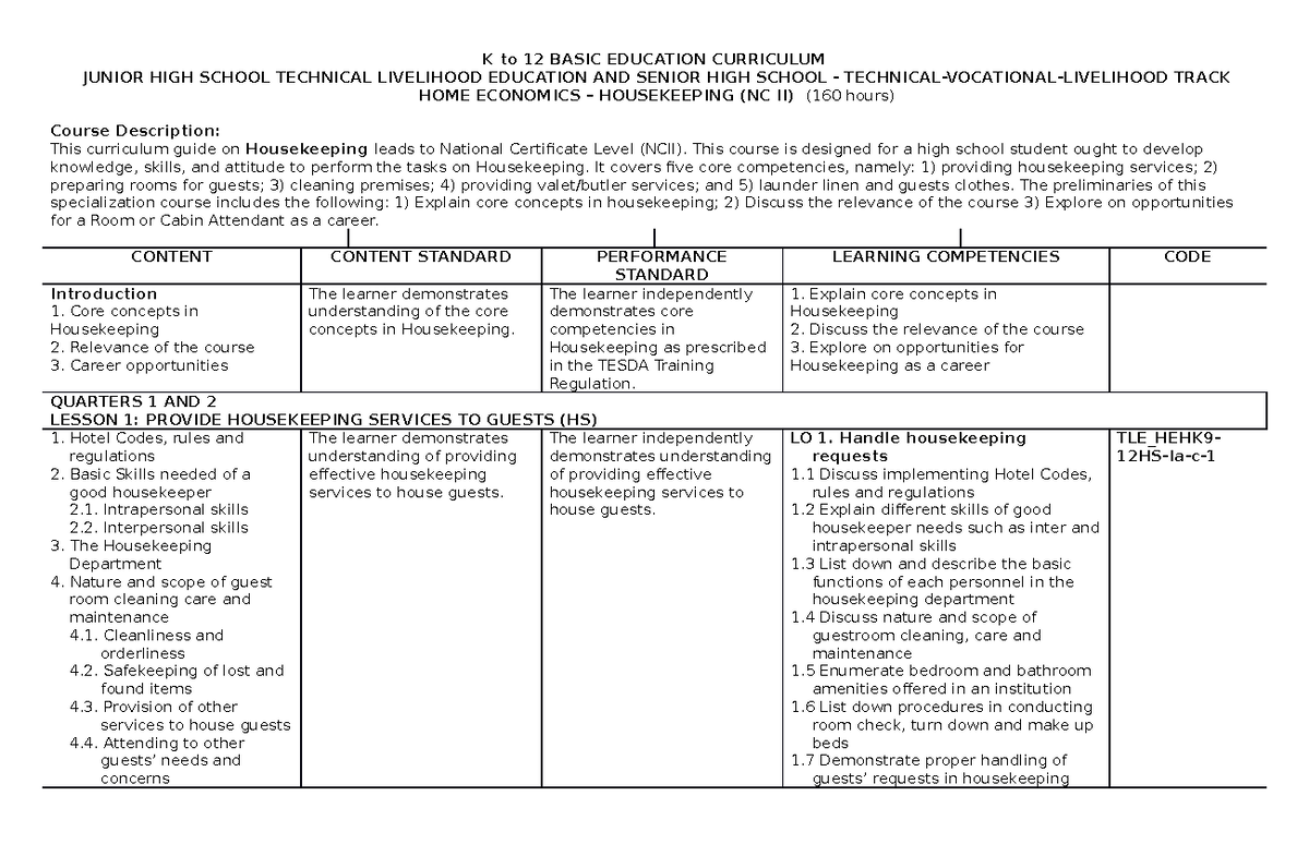 K to 12 TLE HEHK9-12 Housekeeping Curriculum Guide (NC II) - Studocu