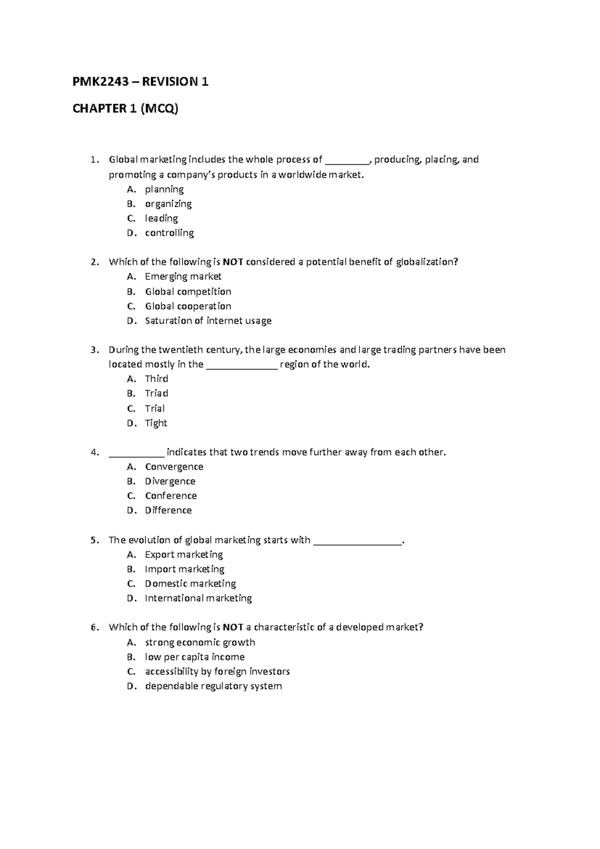 PMK2243 REVISION 1 CHAPTER 1 MCQ - Global Marketing Concepts - Studocu
