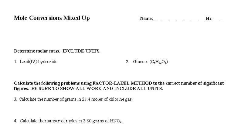Mole Conversions & Molar Mass Calculations (Chem 101) - Studocu