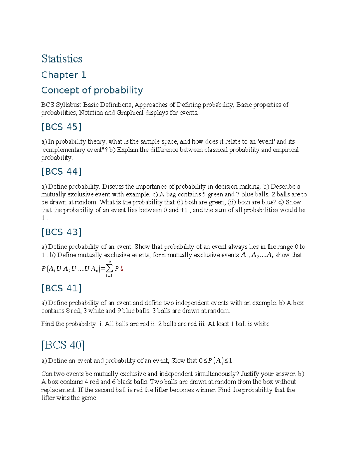 Statistics BCS Syllabus: Concepts of Probability and Analysis of ...