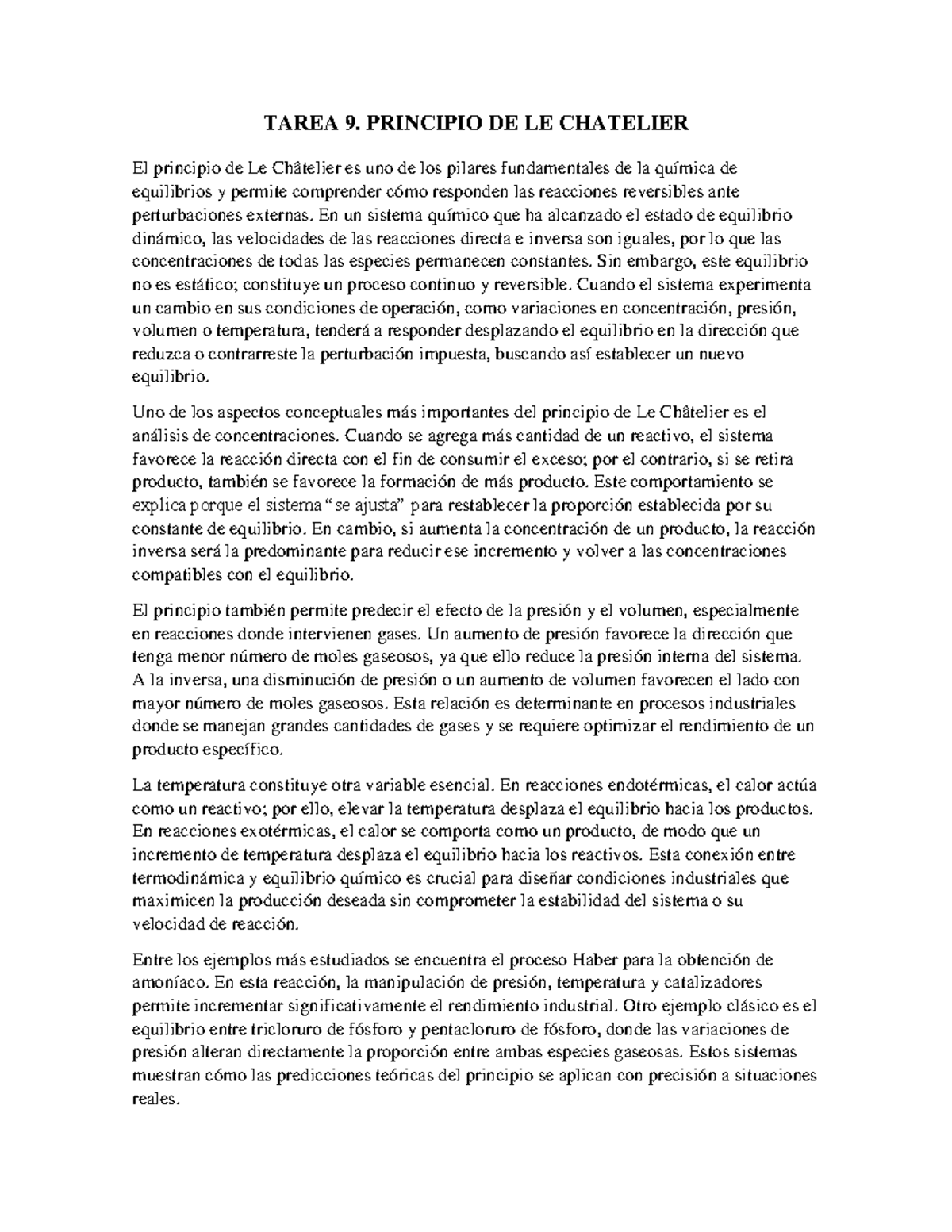 TAREA 9: Análisis del Principio de Le Châtelier en Química - Studocu