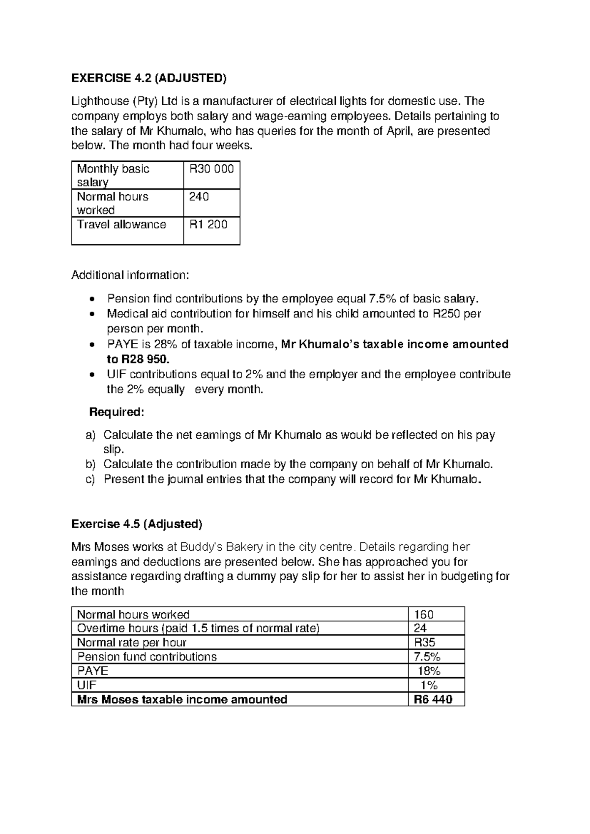 Handout Chapter 4 Exercises: Payroll Calculations & Employee Earnings ...