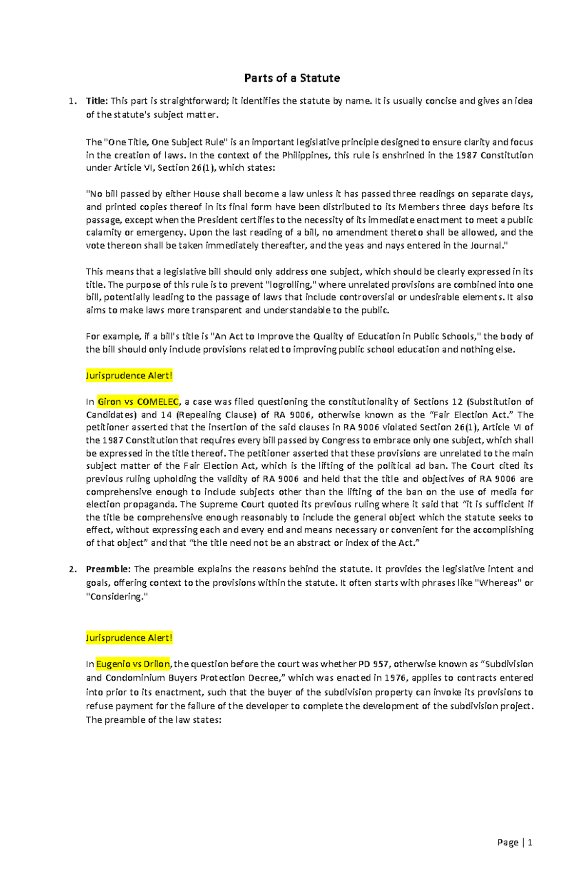 Stat Con Week 4 - Lecture Notes on Parts of a Statute - Studocu