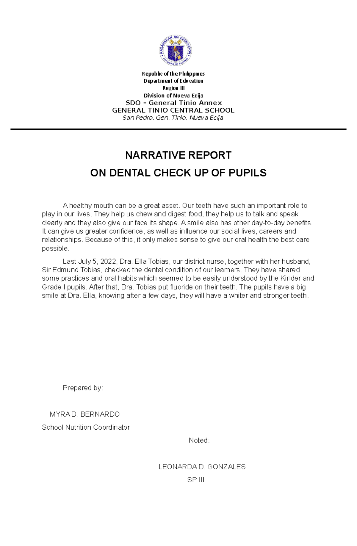 Narrative Report on Dental Check-Up of Pupils - SP III - Studocu