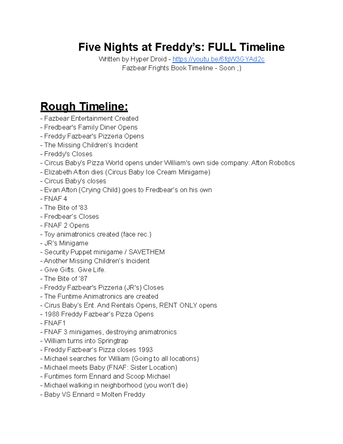 Five Nights At Freddys Timeline - Five Nights at Freddy’s: FULL ...
