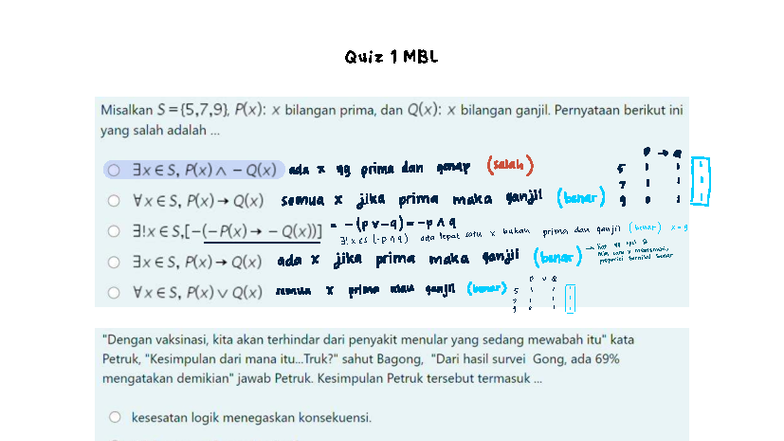Kuis 1 MBL: Analisis dan Proposisi Logika - Studocu