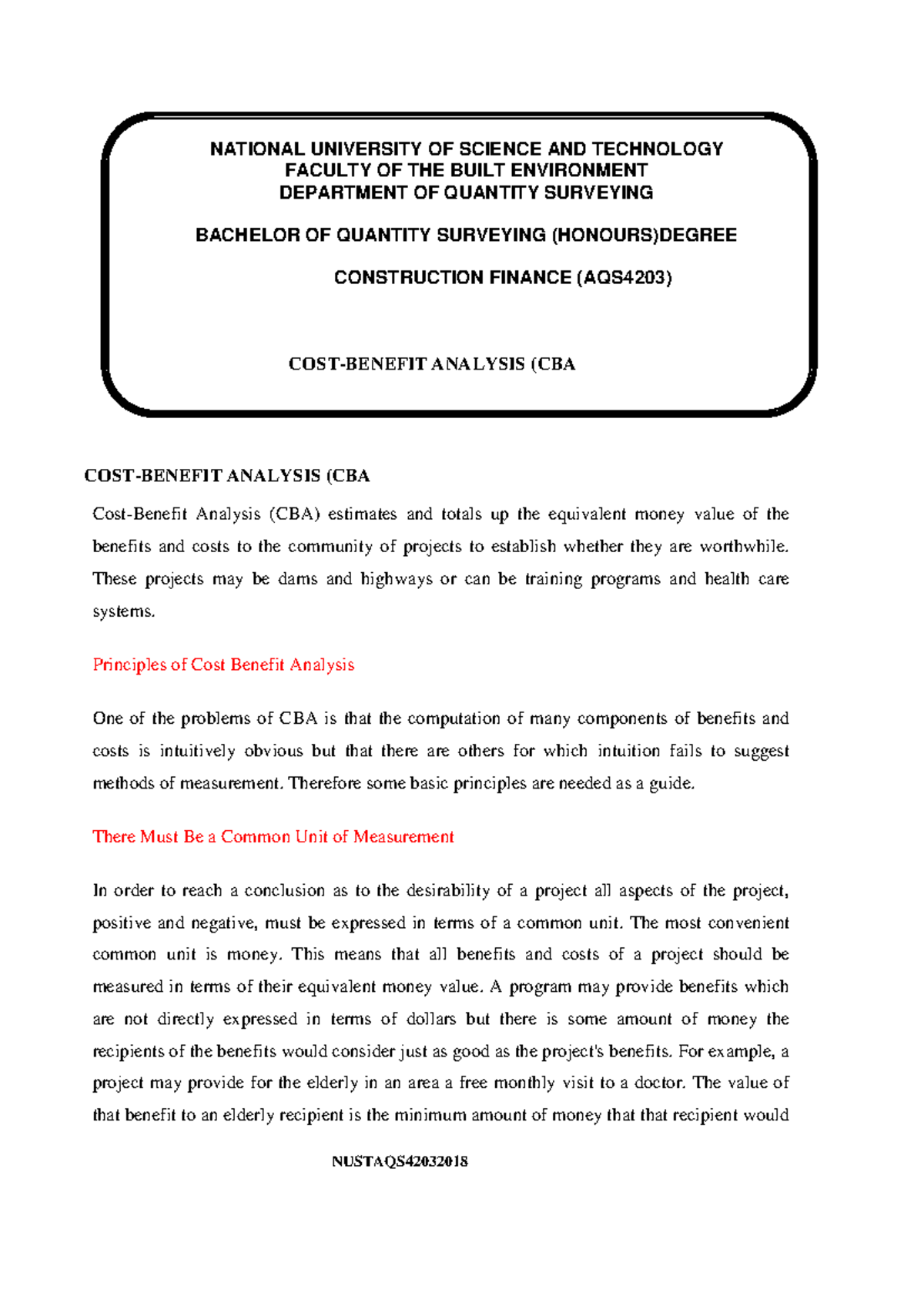 CBA Analysis in Construction Finance (AQS4203) - Key Principles and ...