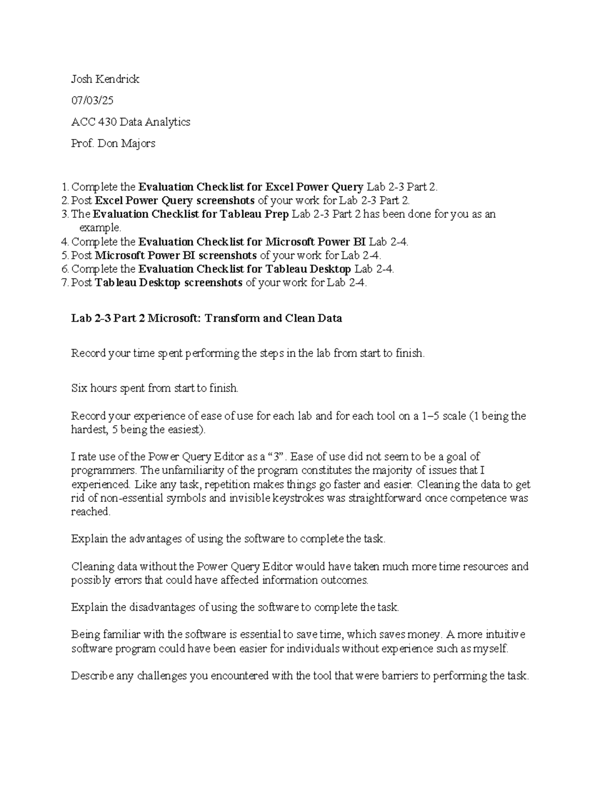 ACC 430 Data Analytics Lab 2-3 & 2-4 Evaluation Checklist and Insights - Studocu