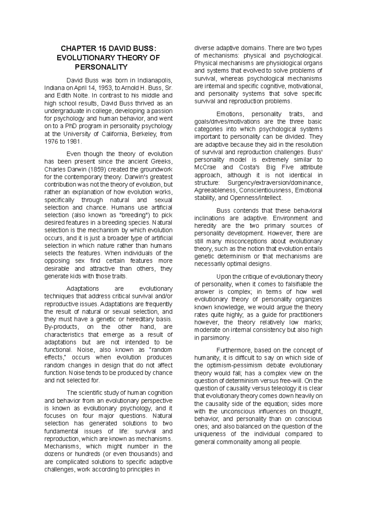 CHAPTER 15: DAVID BUSS AND EVOLUTIONARY PERSONALITY THEORY - Studocu