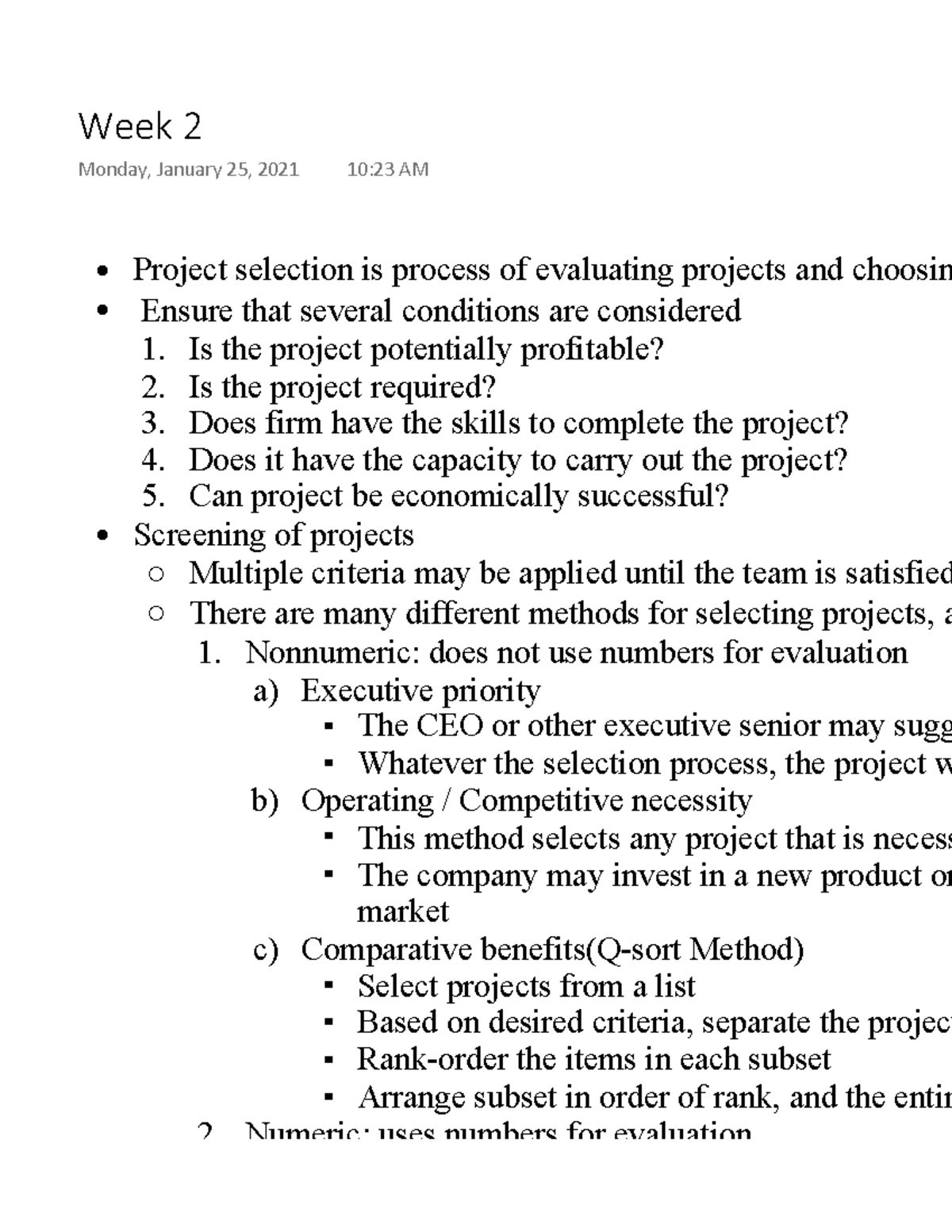 Week 2 GMS450 - Lecture notes 2 - Project selection is process of ...