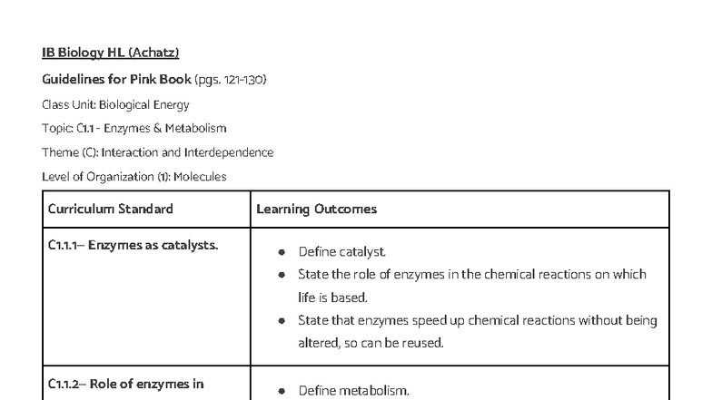 IB Biology HL (Achatz) Pink Book Guidelines: Enzymes & Metabolism - Studocu