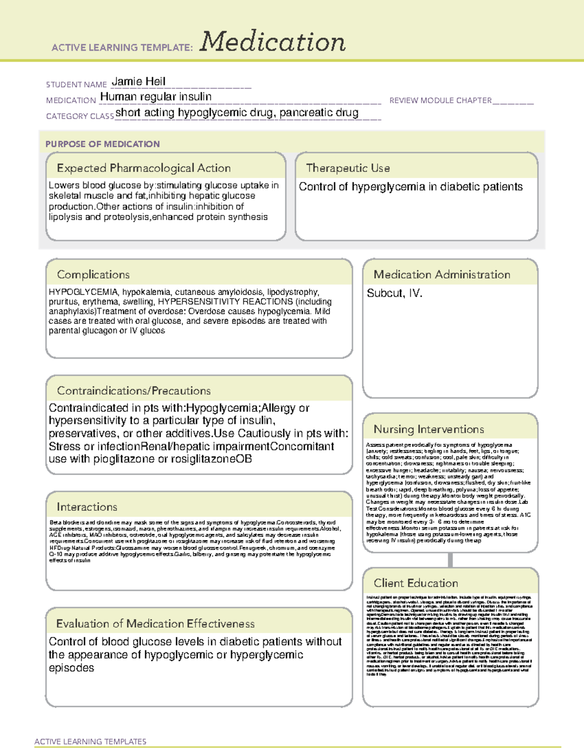 Human Regular Insulin - Medication Card Study Guide (MED 101) - Studocu