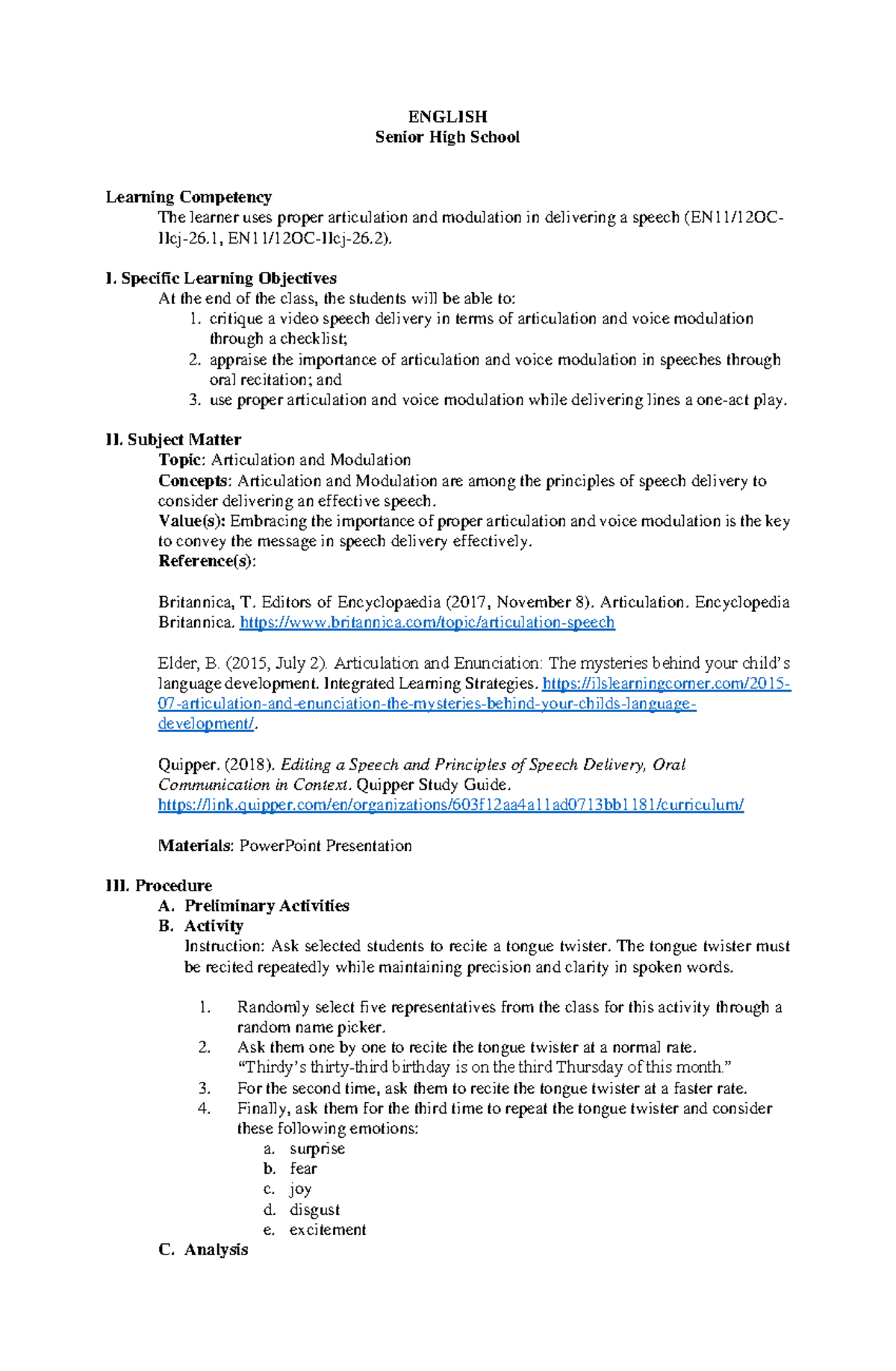 Lesson Plan on Articulation & Modulation (EN11/12OC-IIcj-26.1) - Studocu