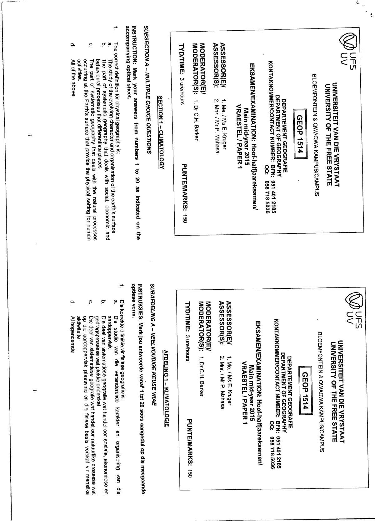UFS GEOP 2614 Mid-Year Exam Paper 1 - Geography 2017 - Studocu