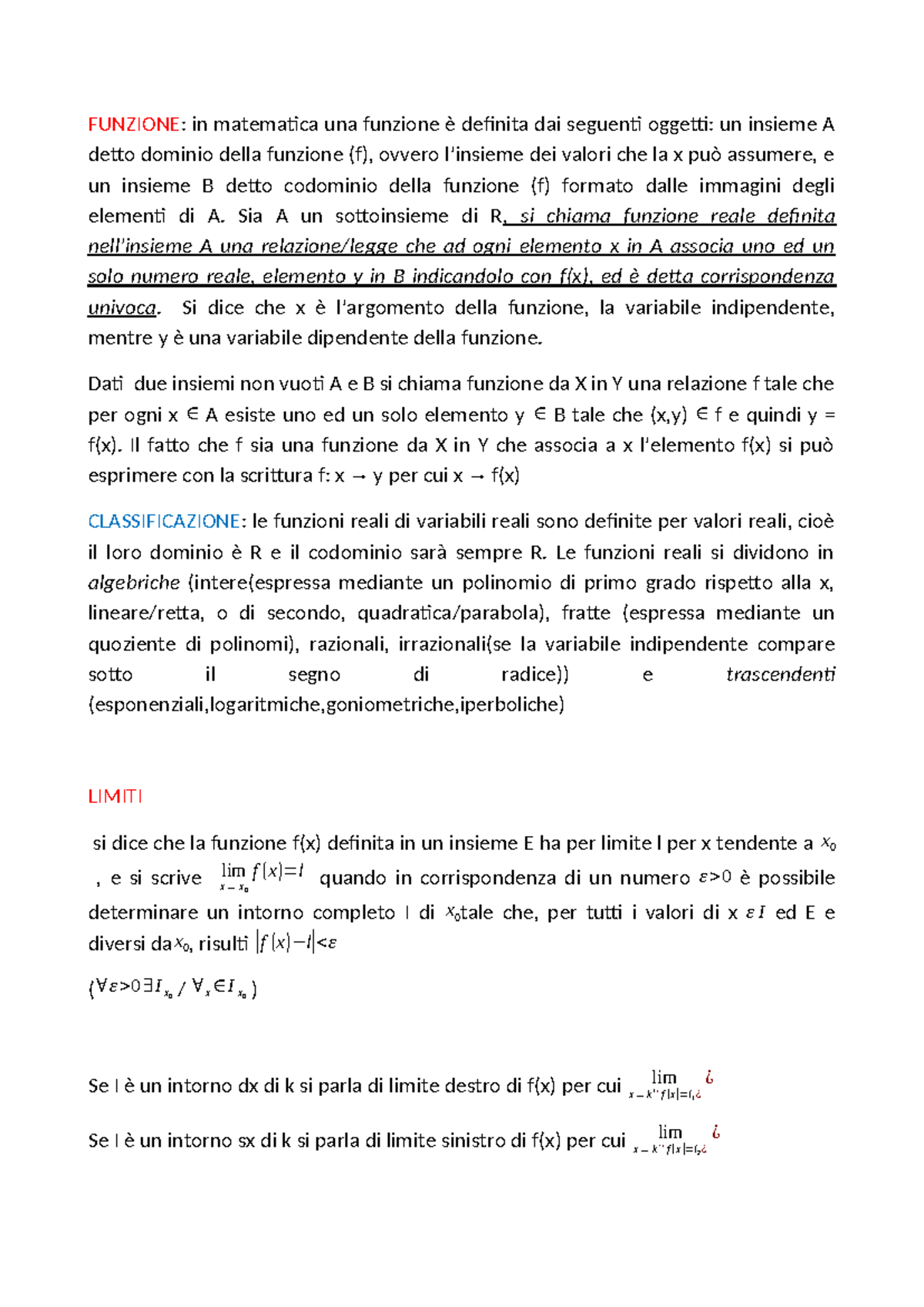 Appunti di Matematica: Funzioni, Limiti e Derivate - Studocu