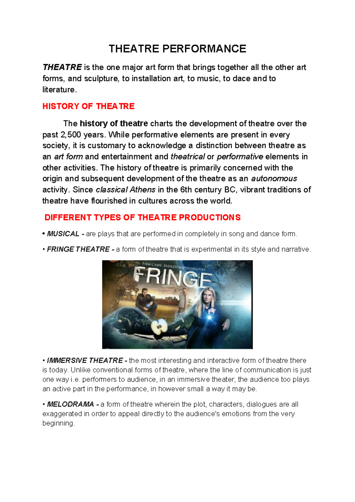 Theatre Performance Overview - HUM 1 Study Notes - Studocu