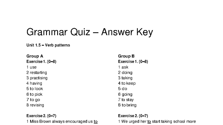 Grammar Quiz Answer Key: Unit 1.5 Verb Patterns (Group A & B) - Studocu