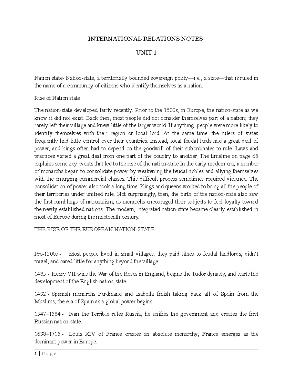 International Relations Notes - Course: IR101 - Unit Summaries and Key ...