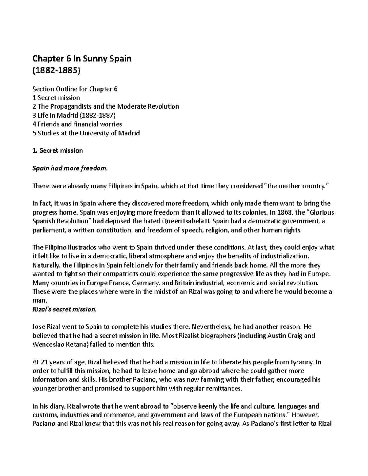 Lecture Notes on Chapter 6: Rizal's Journey in Sunny Spain (HIST 101 ...