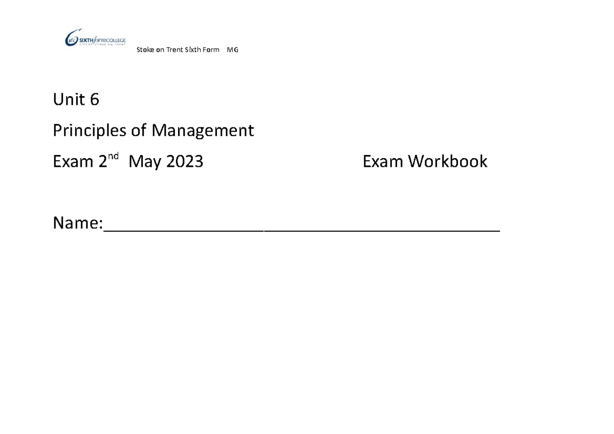 Unit 6 exam workbook 2023 - Unit 6 Principles of Management Exam 2 nd ...