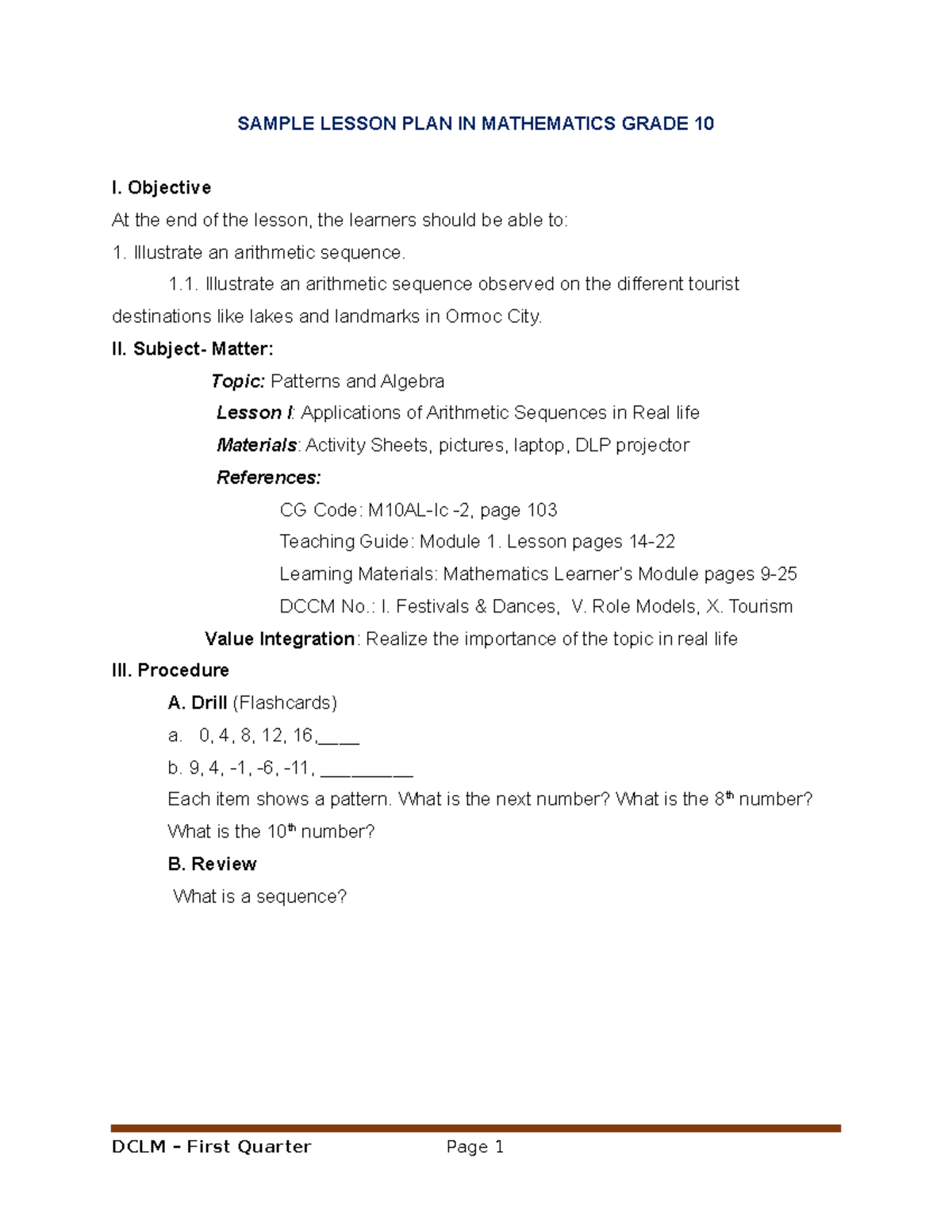 1ST Quarter. arithmetic sequence - SAMPLE LESSON PLAN IN MATHEMATICS ...