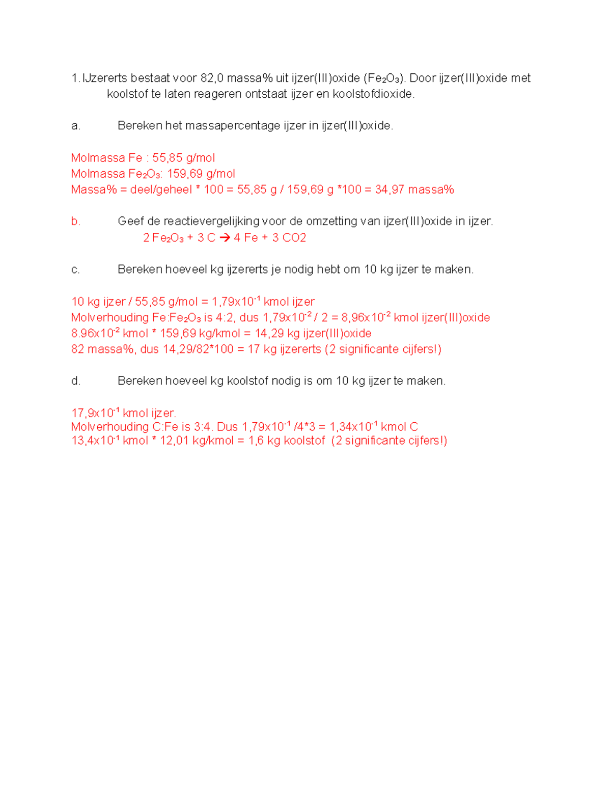 Oefenopgaven Rekenen: Uitwerkingen Chemie 2A Final Exam - Studeersnel