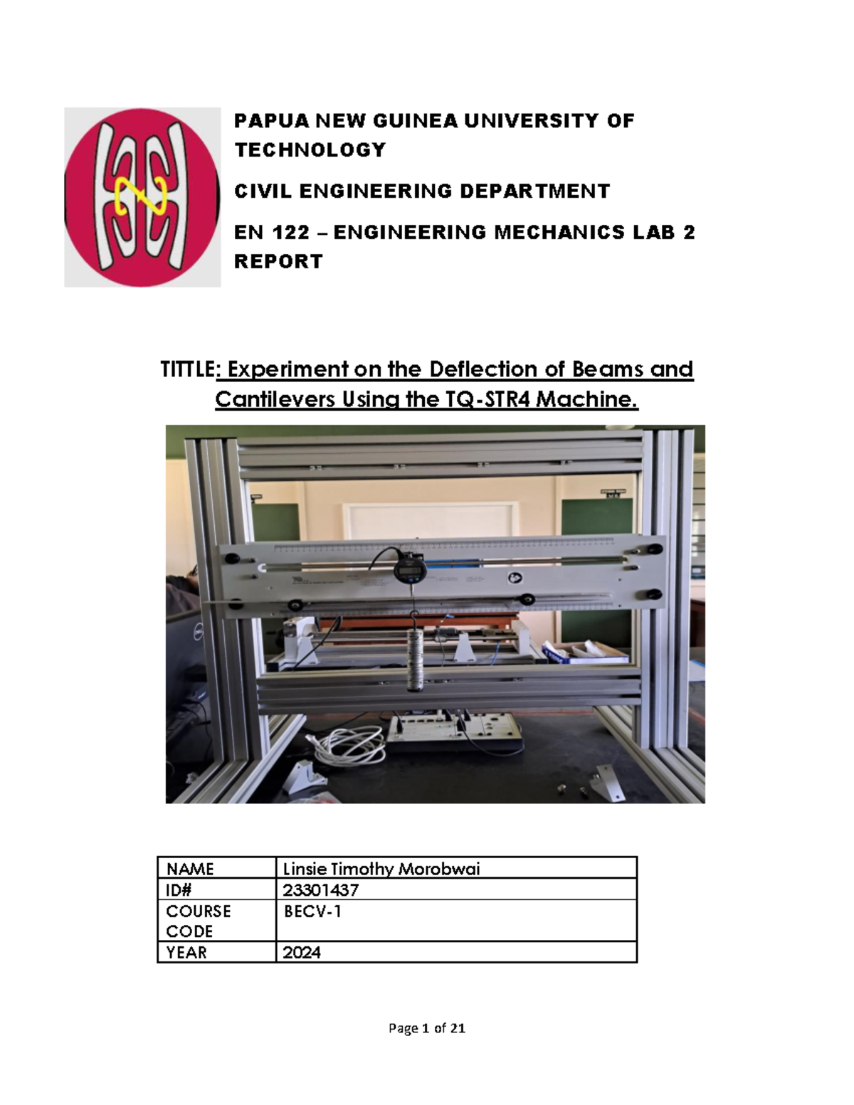 EN 122 Lab 2 Report: Deflection of Beams Using TQ-STR4 Machine - Studocu