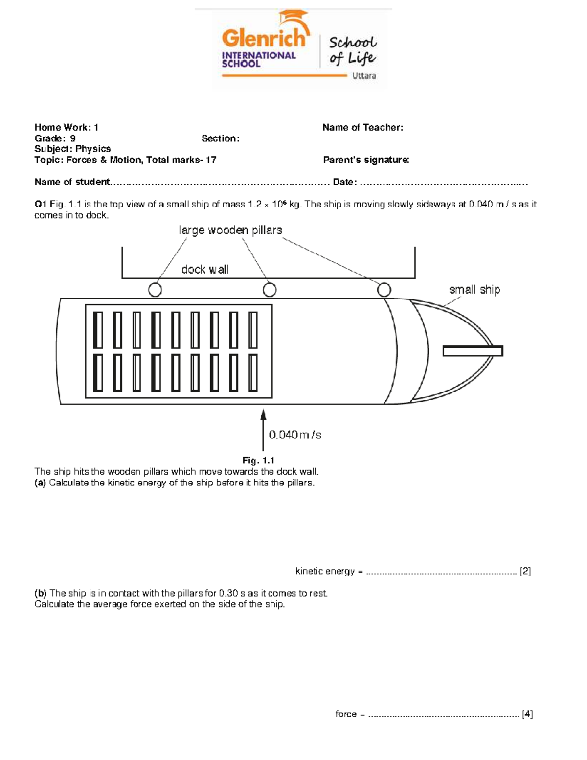 Force and Motion Worksheets: Physics HW 1 & 3 for Grade 9 - Studocu