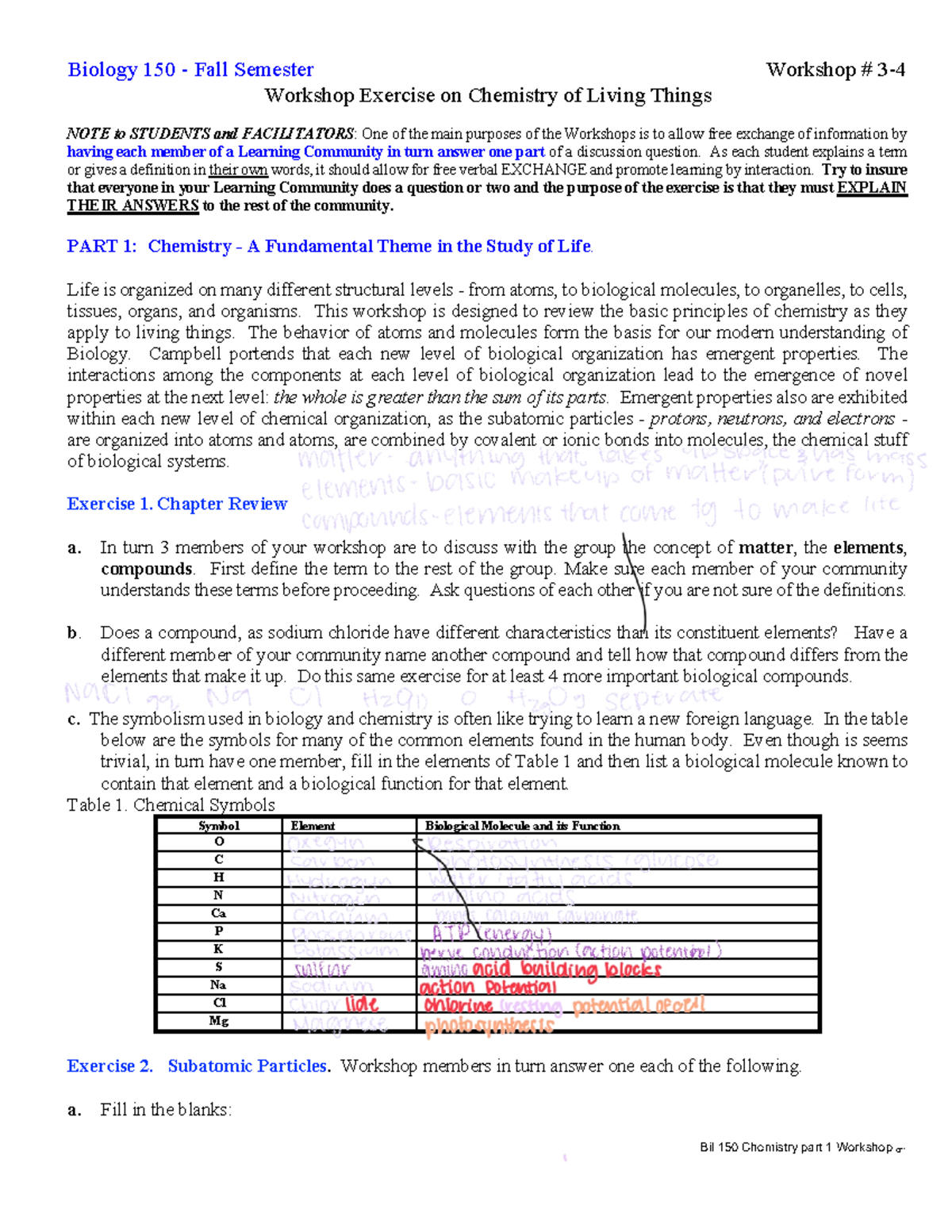Biol 150: Workshop 3 - Chemistry of Living Things Overview - Studocu