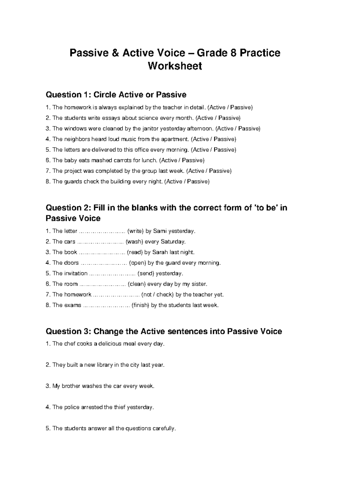 Passive and Active Voice Practice Worksheet - Grade 8 - Studocu