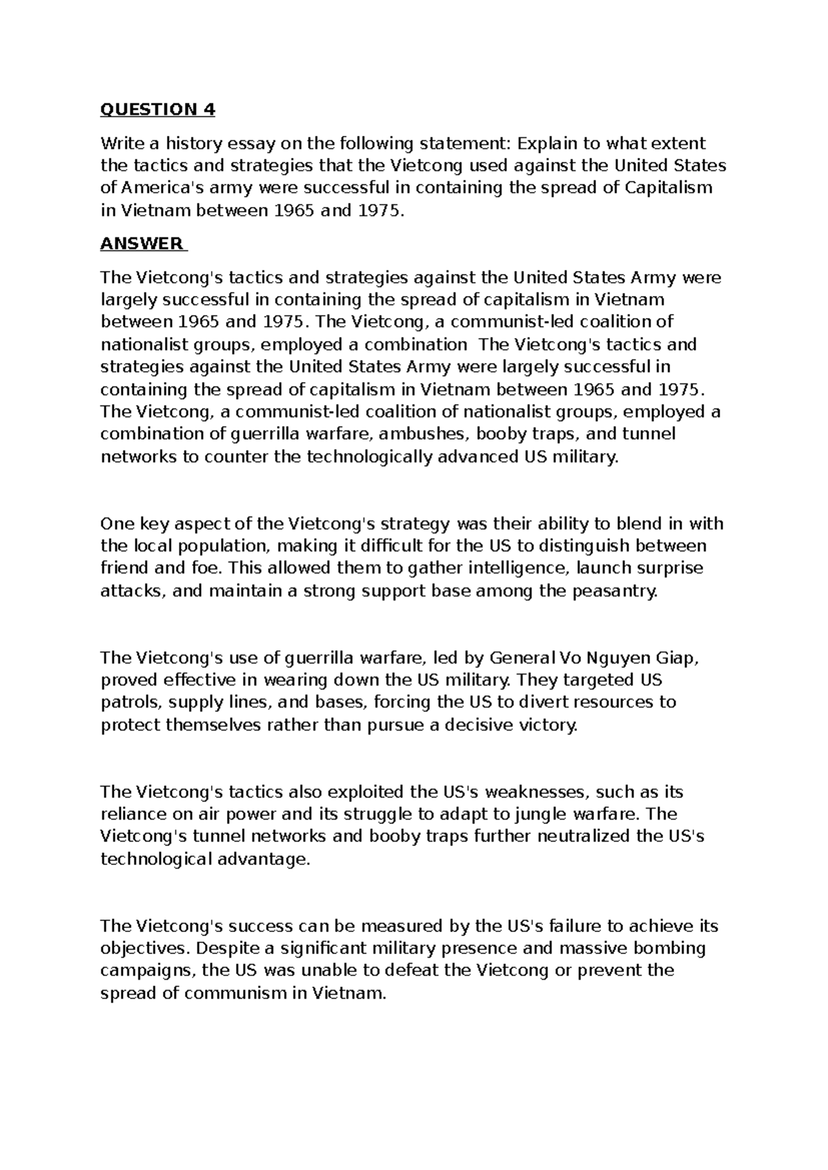 USA - Vietcong Tactics & Strategies in Vietnam War (1965-1975) Essay ...