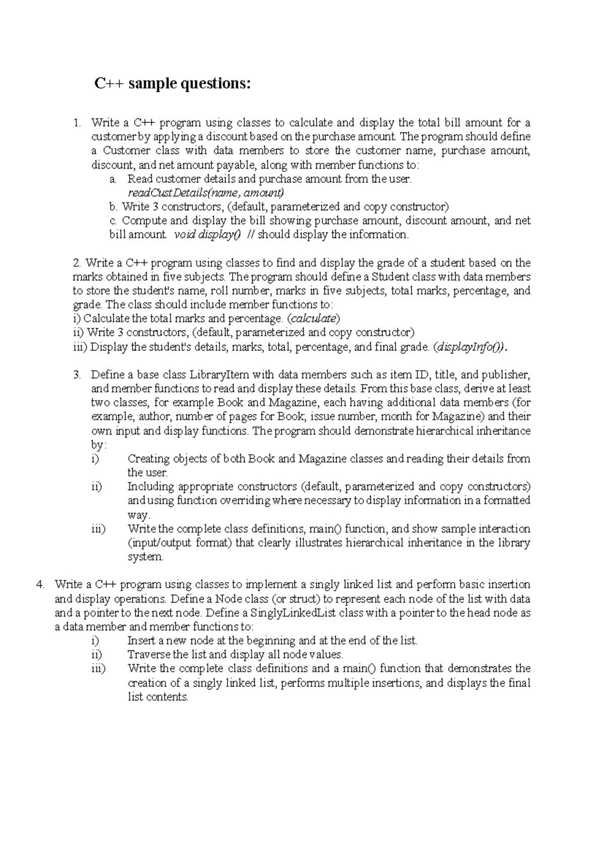 C++ QP: Class-Based Programming & Inheritance Exercises - Studocu